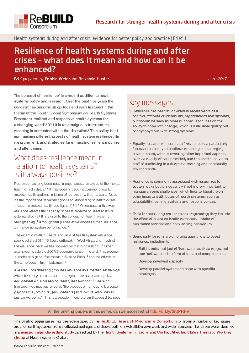 Resilience of health systems during and after crises – what does it ...